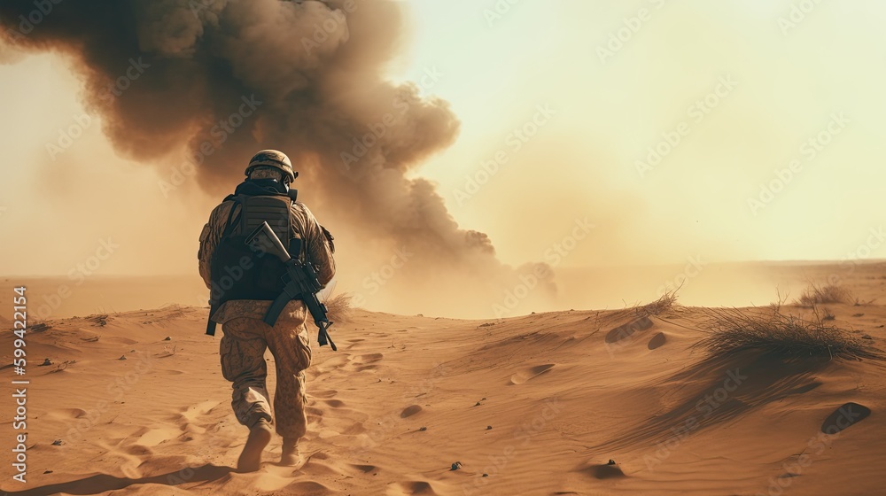 Military special forces soldiers crosses destroyed warzone through fire ...