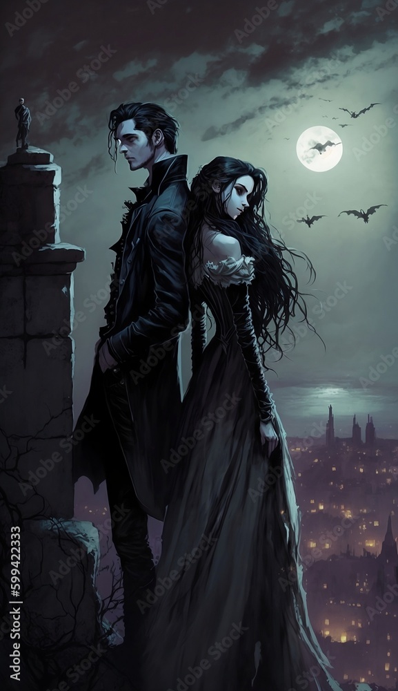 A vampire couple, both with dark hair and piercing eyes, standing on a ...