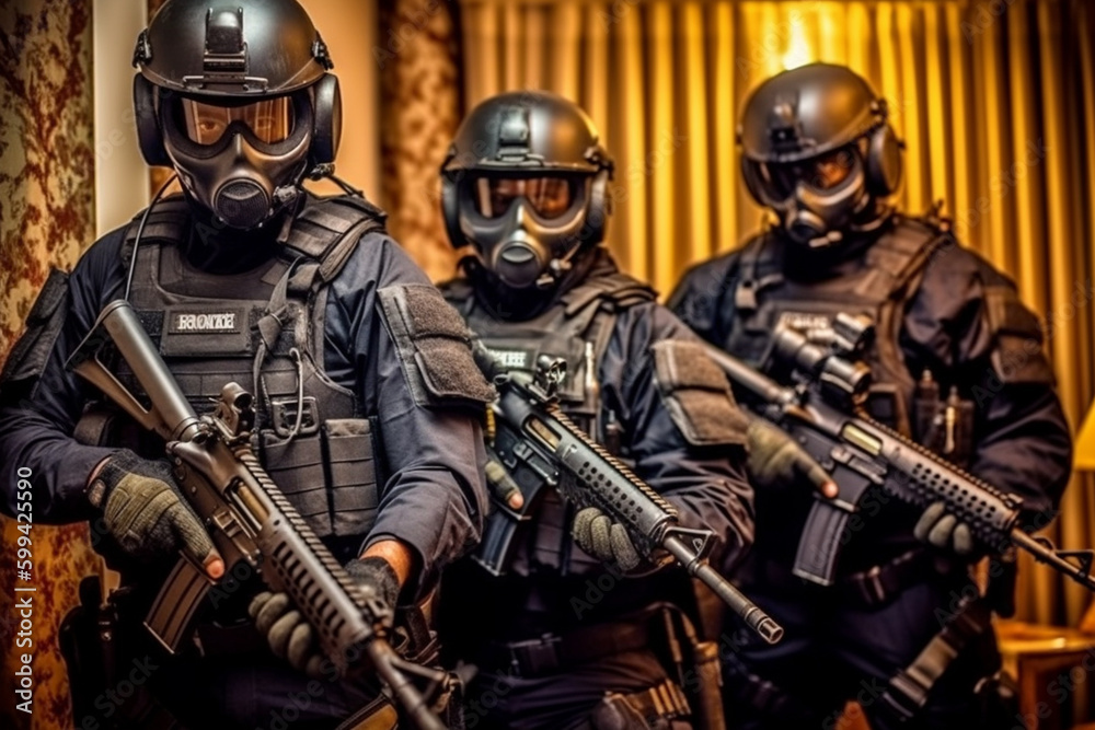 Police team group special operations fighters dark uniform, helmet with ...