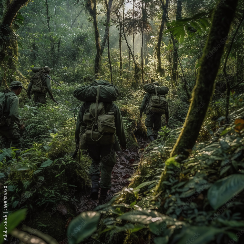 guerilla warfare, world war, vietnam war, D-day. Soldiers in the forest ...