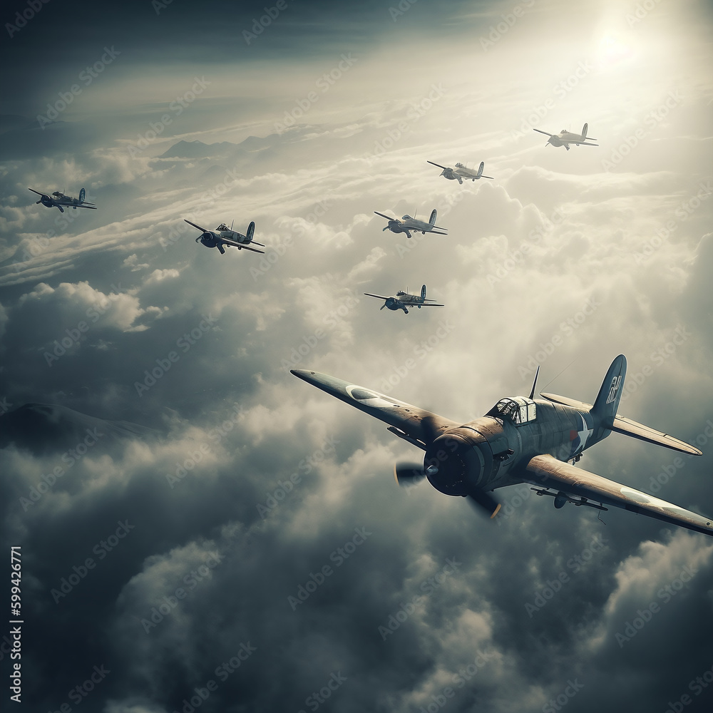 World war fighter jets in the air, preparing for fight. Airborne ...