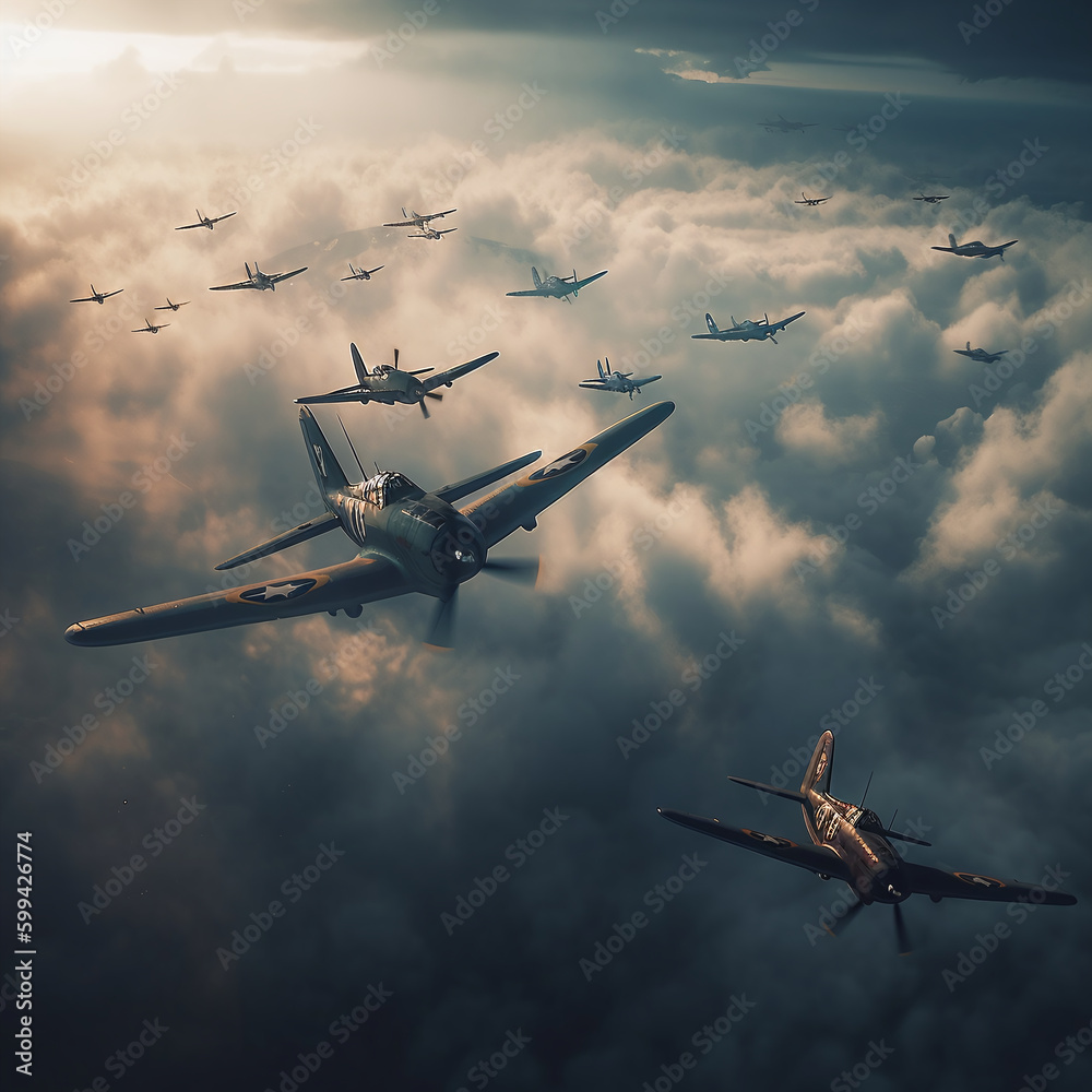 World war fighter jets in the air, preparing for fight. Airborne ...