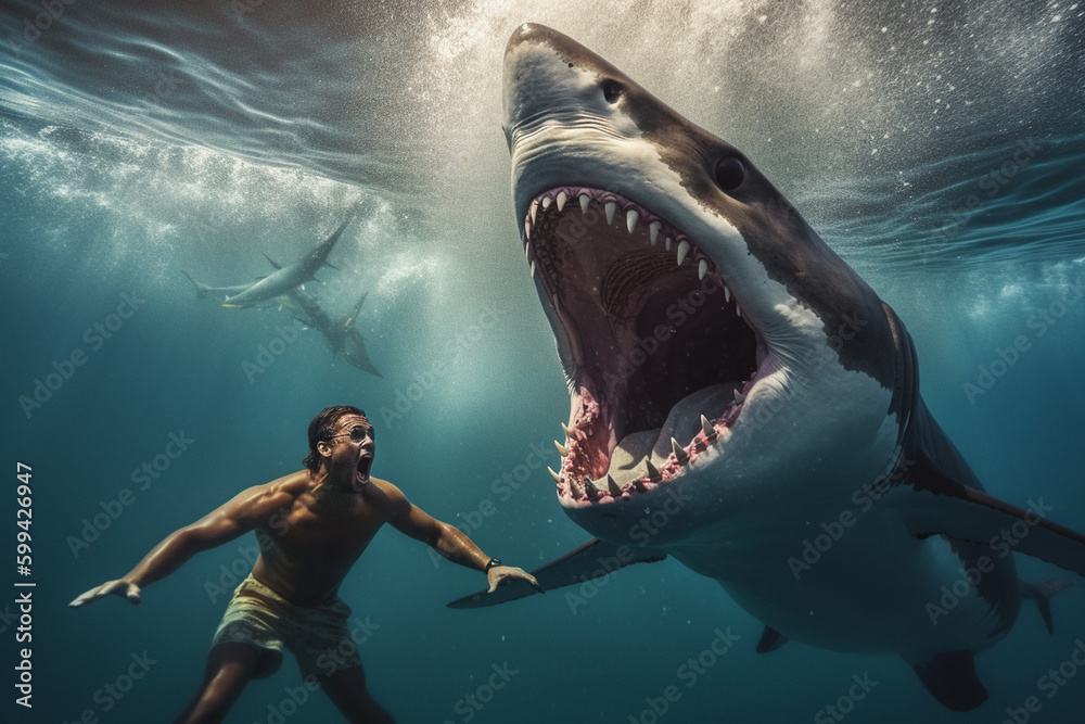 scared shocked diver and an adult great shark with a large mouth and ...