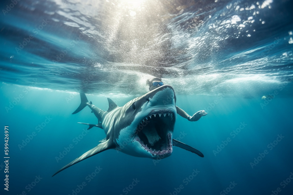 scared shocked diver and an adult great shark with a large mouth and ...