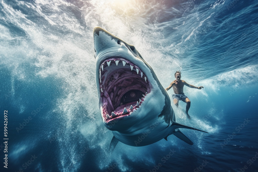 scared shocked diver and an adult great shark with a large mouth and ...