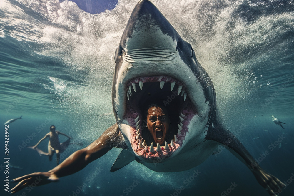 scared shocked diver and an adult great shark with a large mouth and ...