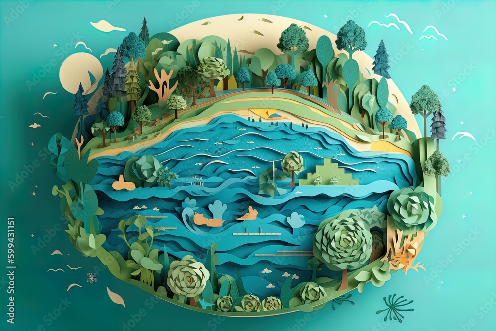 Title: "Eco-Friendly Surreal World: Hand-Drawn 3D Earth with Trees ...