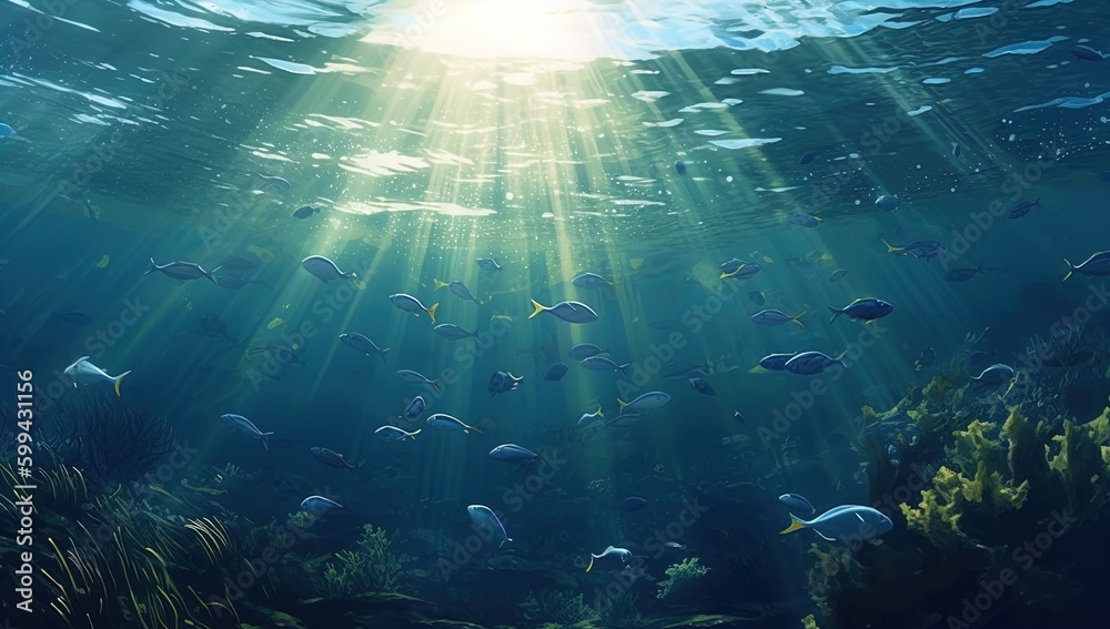 Sunlit Underwater Panorama: Expansive Seascape with Fish in Calming ...