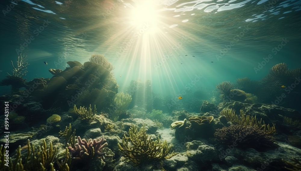 Sunlit Underwater Panorama: Expansive Seascape with Fish in Calming ...