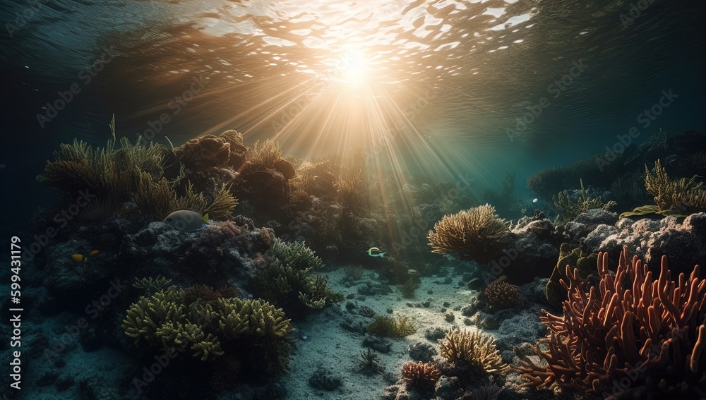Sunlit Underwater Panorama: Expansive Seascape with Fish in Calming ...