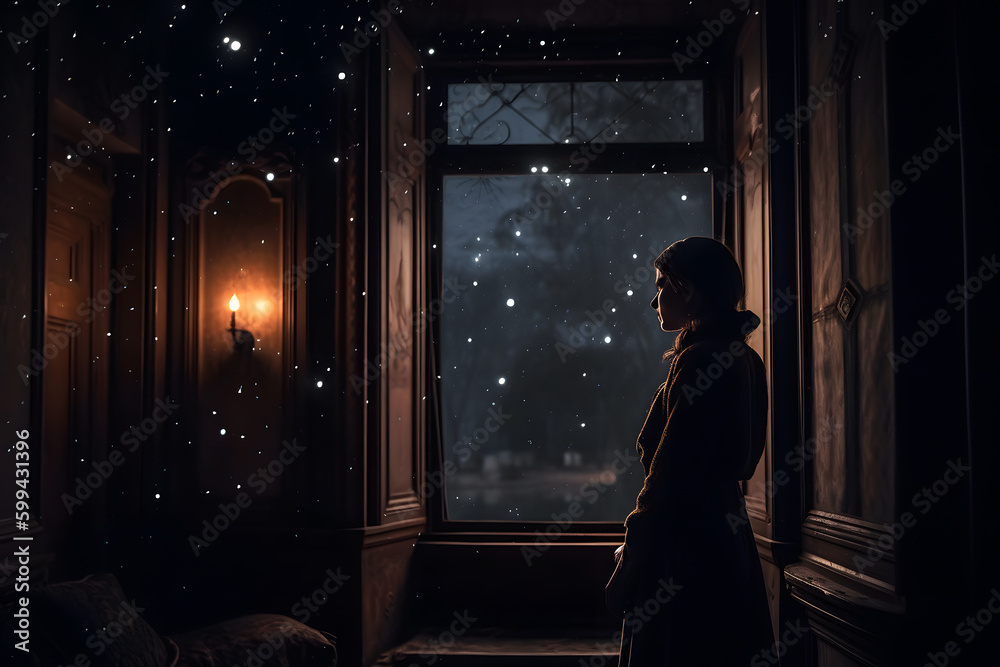 Dreamy fantasy princess looks at the night sky and stars. Neural ...