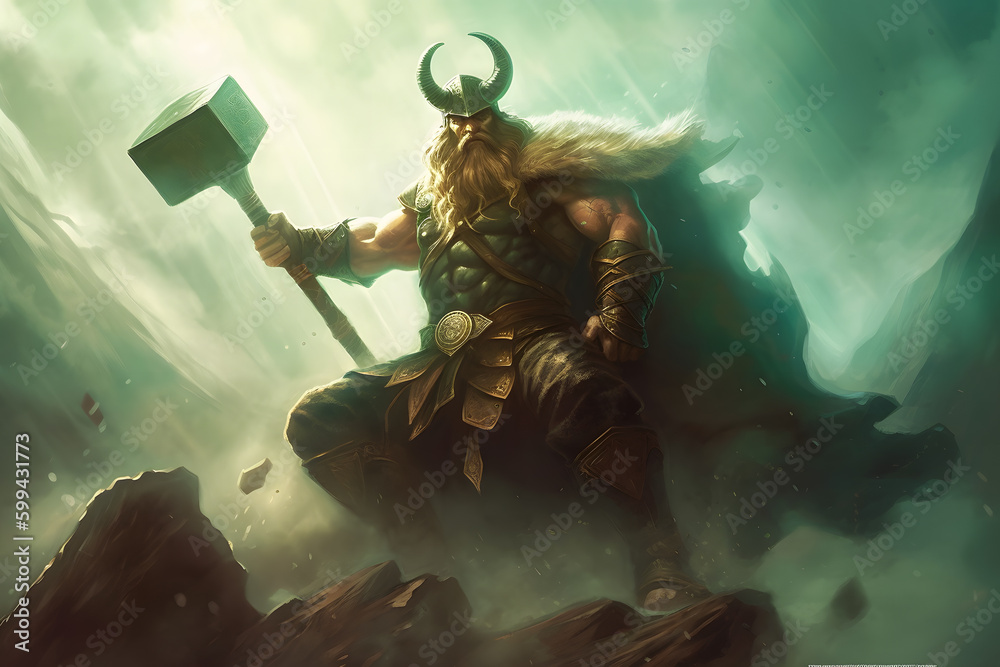 God Thor holds the hammer Mjelnir, a warrior with a sword, thunder and ... God Thor holds the hammer Mjelnir, a warrior with a sword, thunder and ...