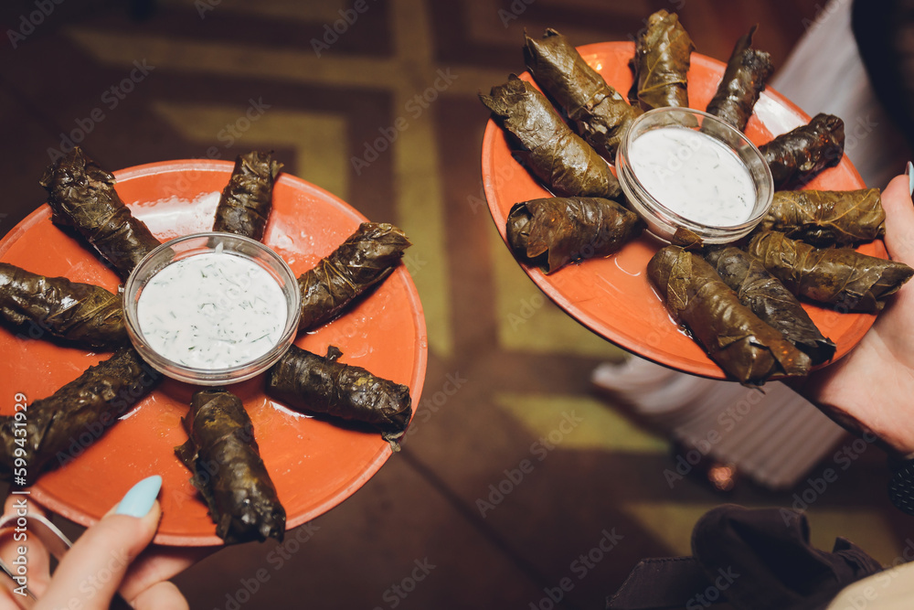 Turkish cabbage rolls and various snacks of national cuisine. Rice in ...