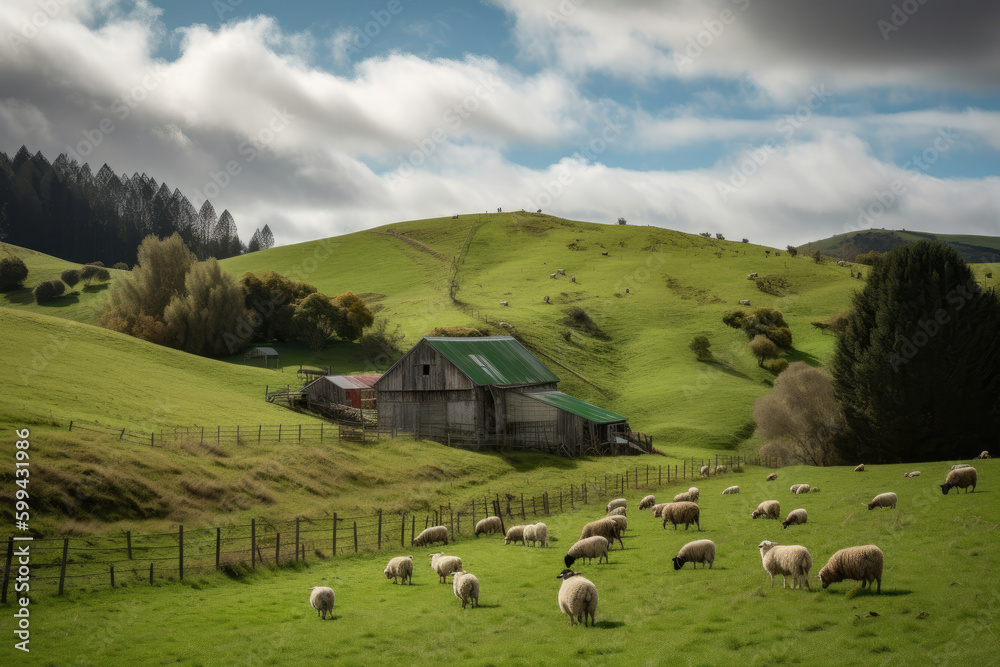 Rolling hills of green pastures with a flock of sheep grazing and a ...