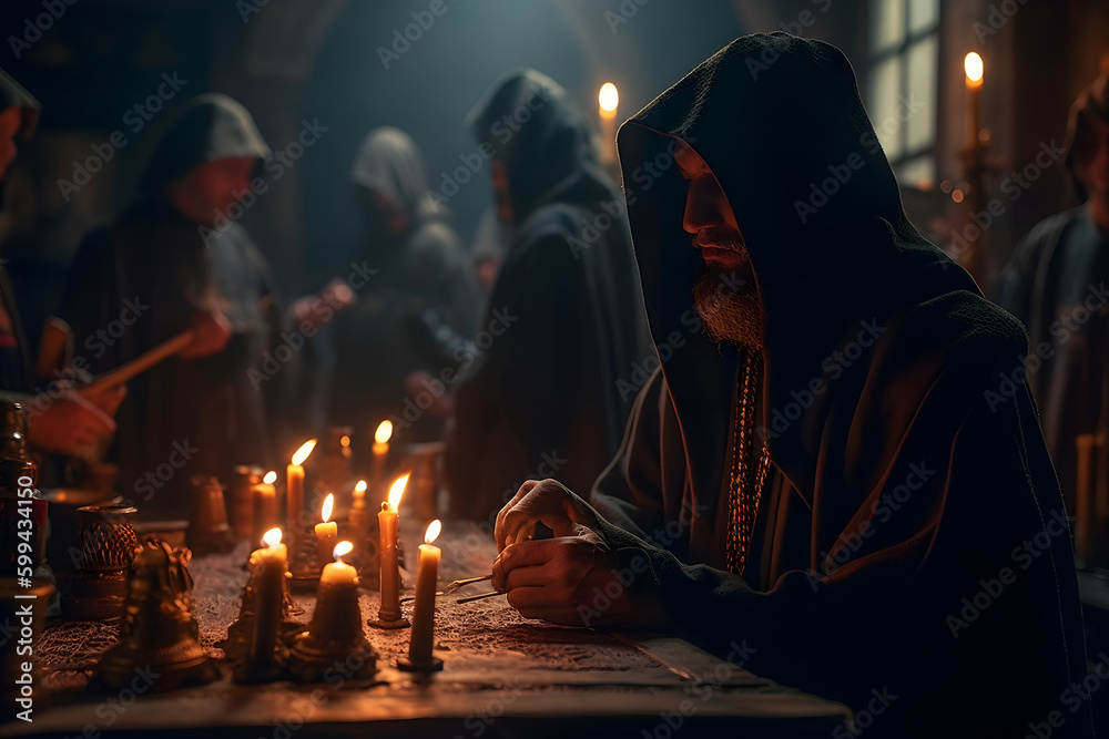 Ritual of medieval priests with candles in the temple. Neural network ...