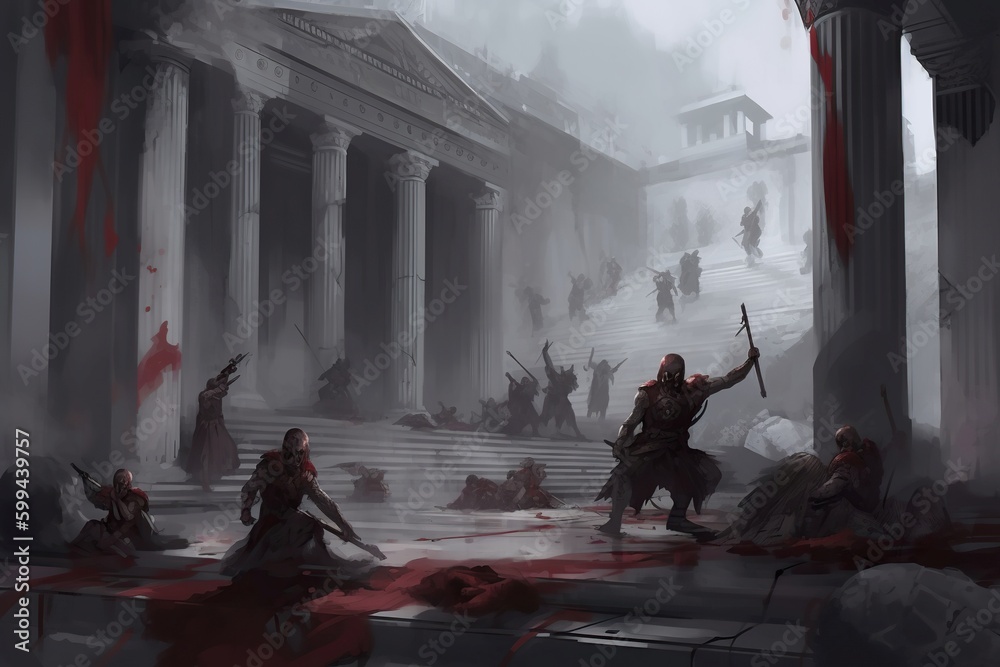 Group of warriors engaged in a fierce battle on the steps of an ancient ...