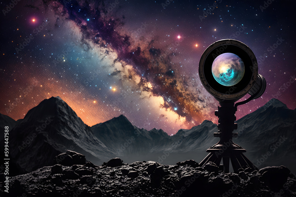 Infinite space background with silhouette of telescope. Neural network ...