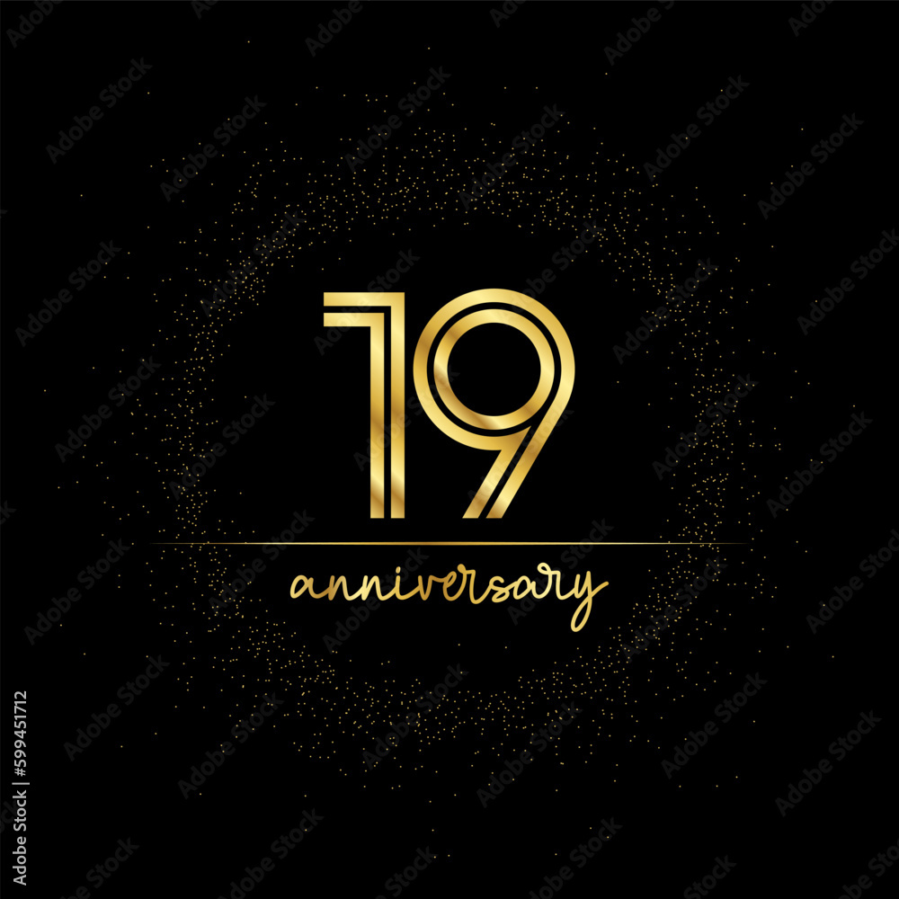 19 years golden number for anniversary with golden glitter and line on ...