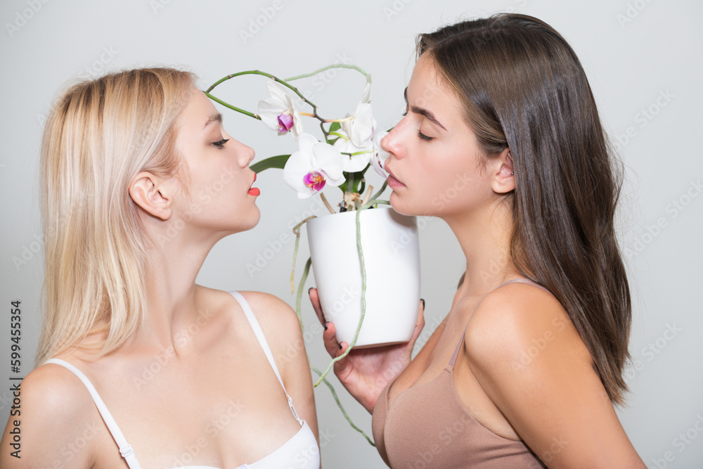 Sexy female models in love girls couple. Beauty portrait of young ...