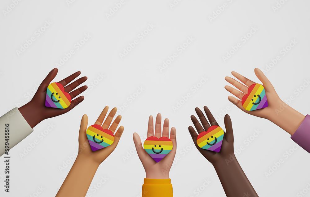 LGBTQ ethnic diversity raised hands with rainbow heart symbol, happy ...