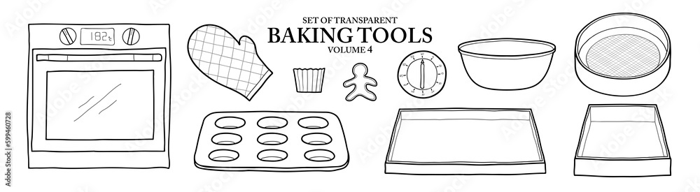 Cute hand drawn isolated black outline cooking tools on transparent ...