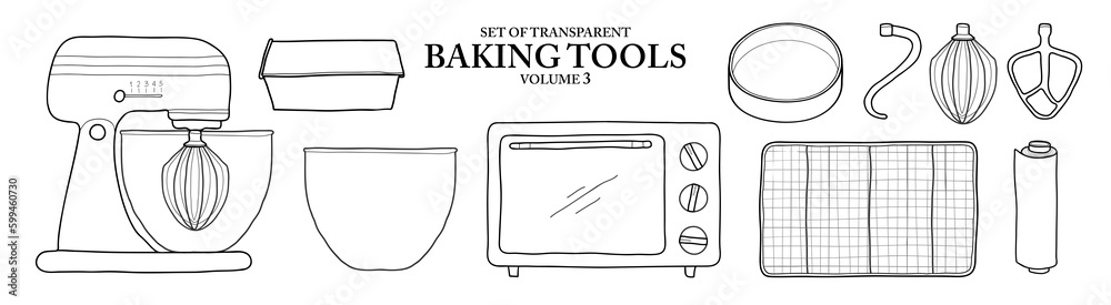 Cute hand drawn isolated black outline cooking tools on transparent ...