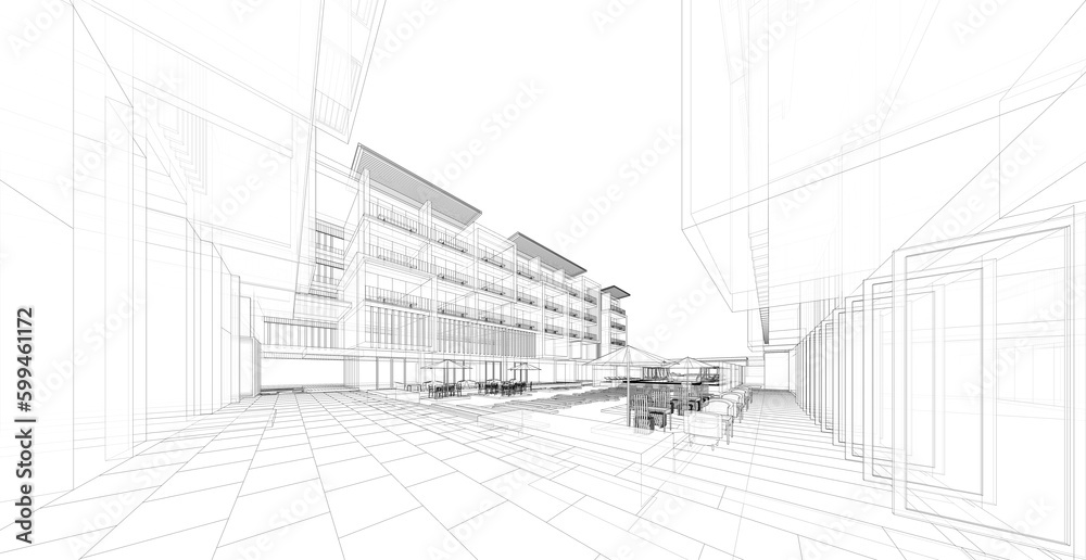 Architecture background. Perspective 3d Wireframe of building design ...