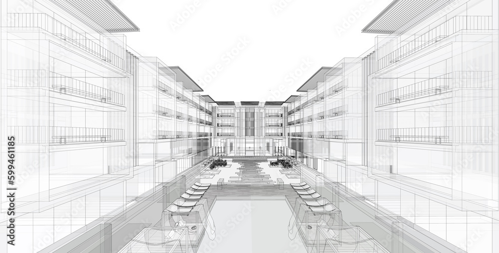 Architecture background. Perspective 3d Wireframe of building design ...