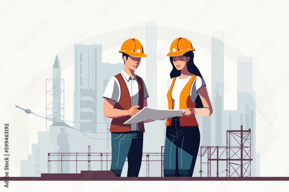 Architect and engineer working on construction site. Engineering ...