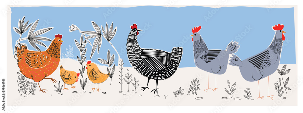Set of chicken hen animal poultry farm hand drawing vector illustration ...