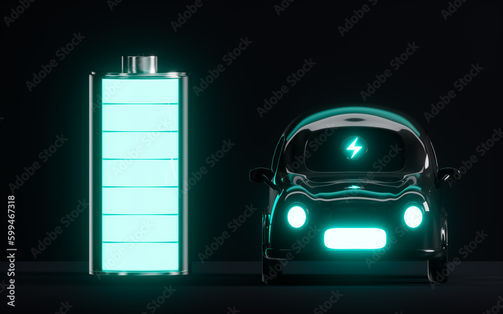 Cartoon battery and car, electric vehicle charging concept, 3d ...