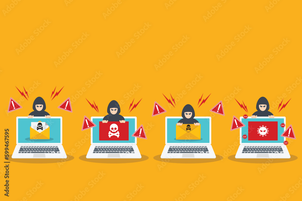 Hacker with laptop computer stealing confidential data, personal ...