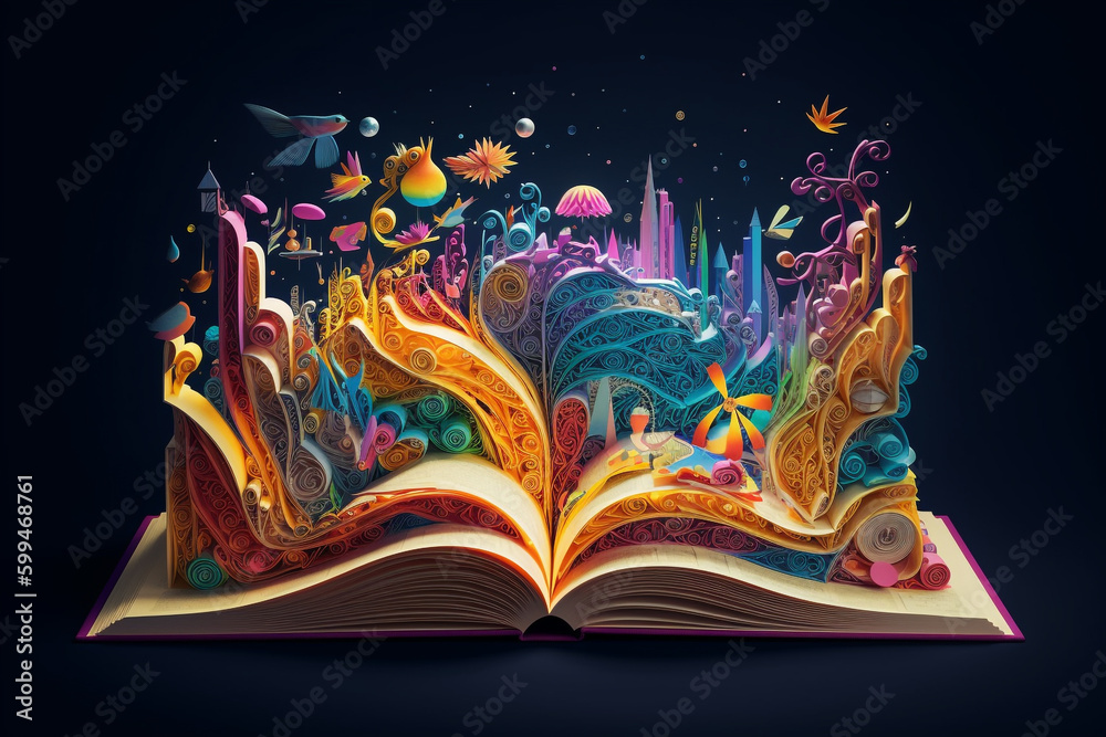World book day, fantasy, and leisure concept. 3D, paper art style ...