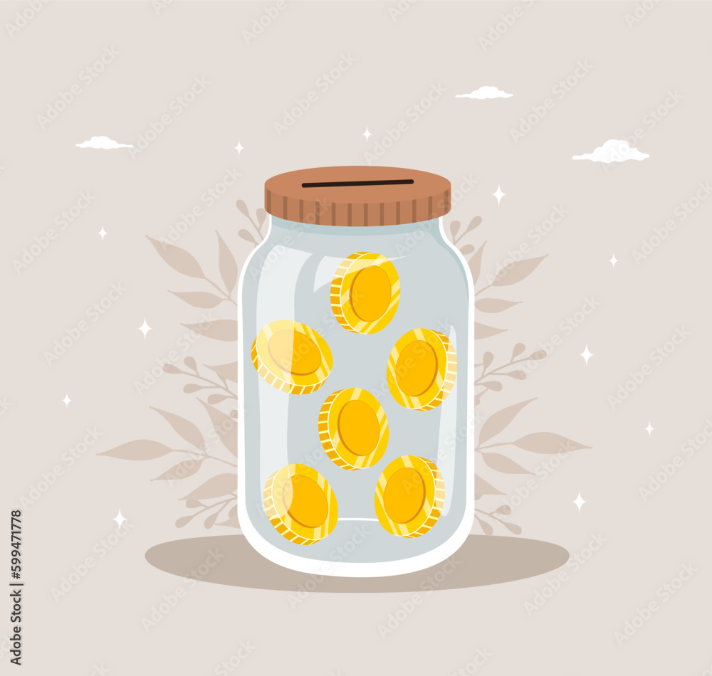 Donation glass jar with gold coins. Financial support for poor people ...