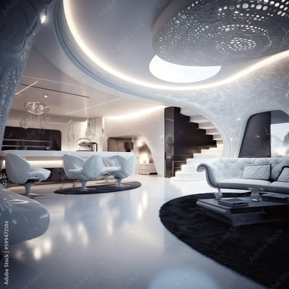 Living room layout of the future with recessed lighting, white Stock Illustration | Adobe Stock