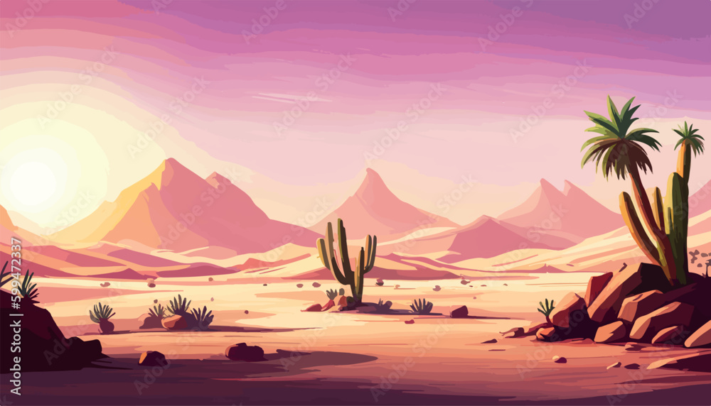 Desert background Summer with sun, sand, clouds, palms Trees Vector ...