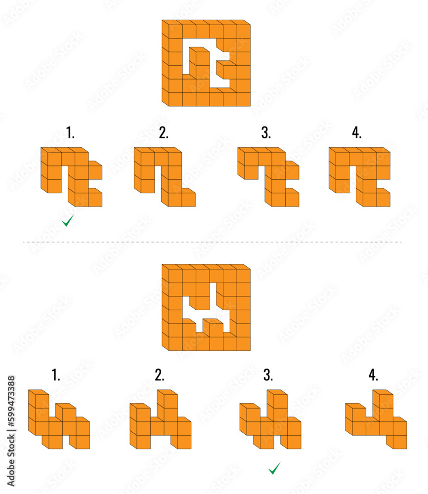Two IQ abstract reasoning questions with orange color cubes. One main ...