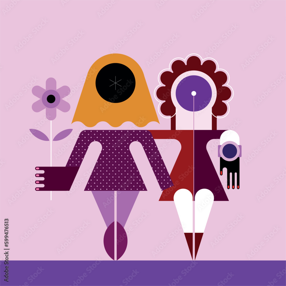 Geometric design of two abstract faceless female figures, vector ...