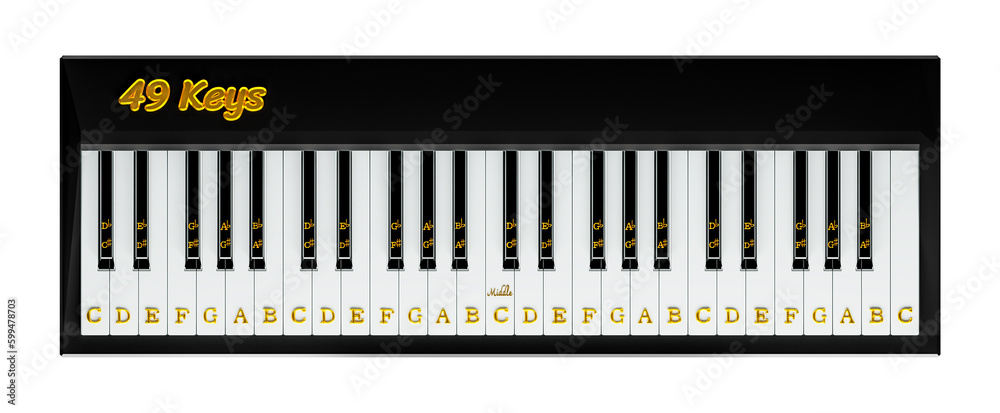 3d render 49 keys piano keyboard layout with music note symbol isolated ...