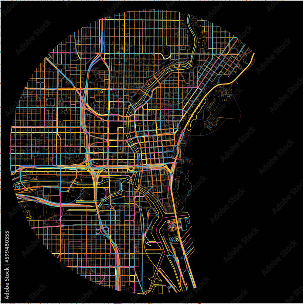 Colorful Map of Milwaukee, Wisconsin with all major and minor roads ...