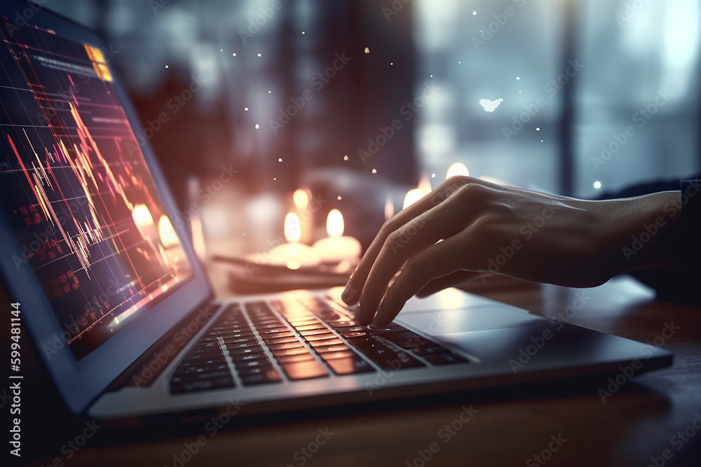 Close up of hands using laptop keyboard with glowing candlestick forex ...