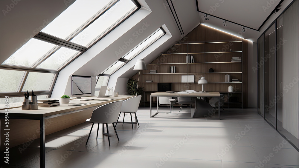 A charming home office with a pitched roof design, white interior, and ...