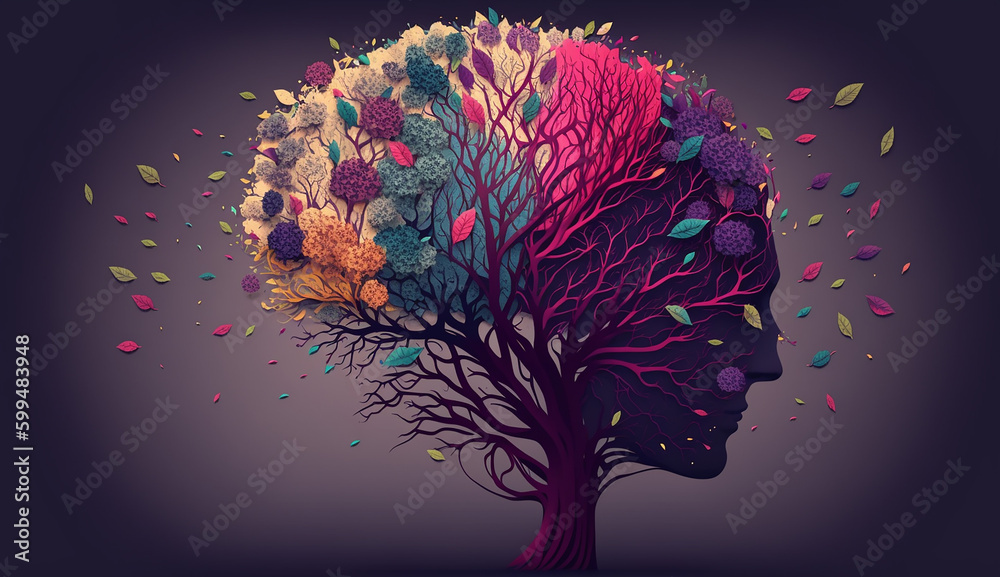 Human brain tree with flowers, self care and mental health concept ...