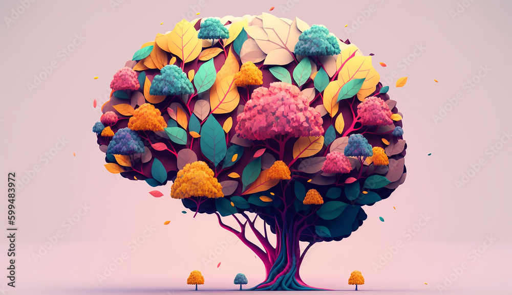 Human brain tree with flowers, self care and mental health concept ...