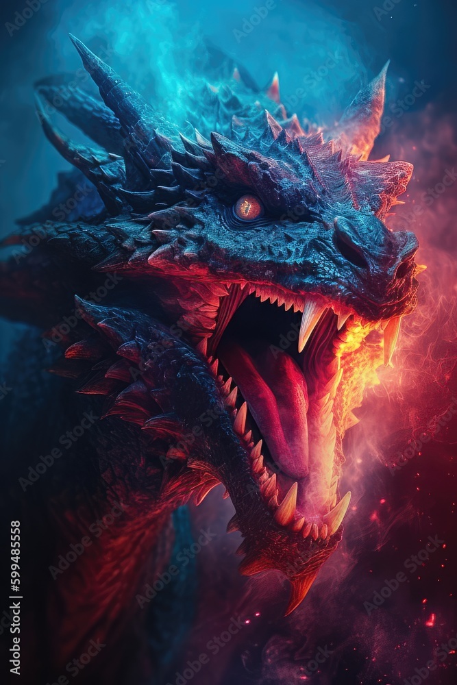 Gigantic Dark Red Dragon Breathing Blue Fire in Colorful Moebius: A ...