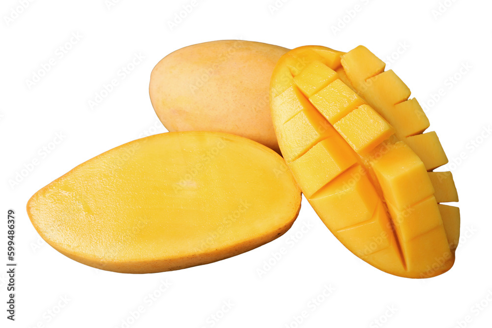 Fresh Ripe Mango Cut in Half and Crosswise Cut Isolated on Transparent ...