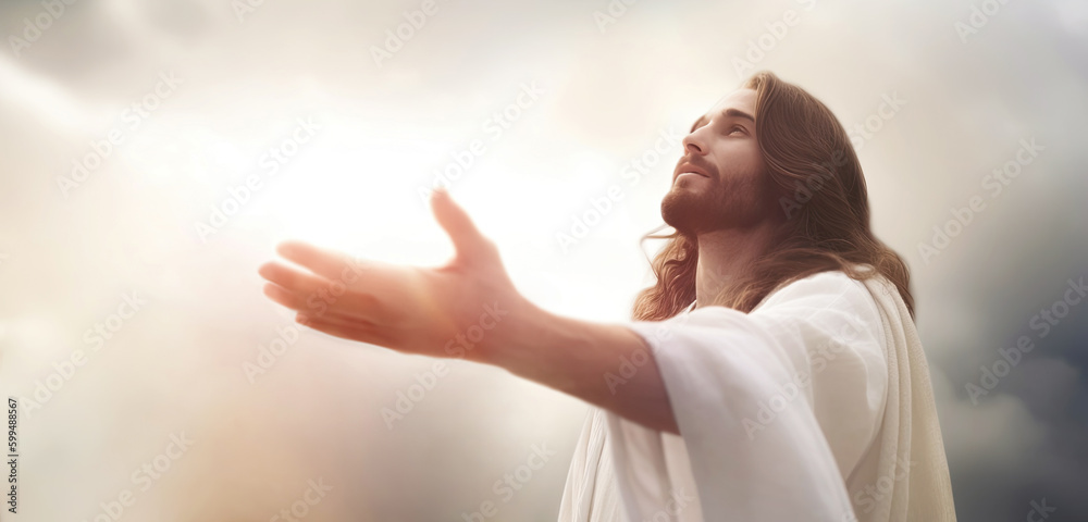 Illustration Of The Resurrected Jesus Christ From The Tomb Praying With