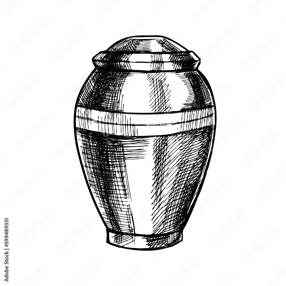Hand drawn sketch of burial urn with ashes. Funeral service vector hand ...