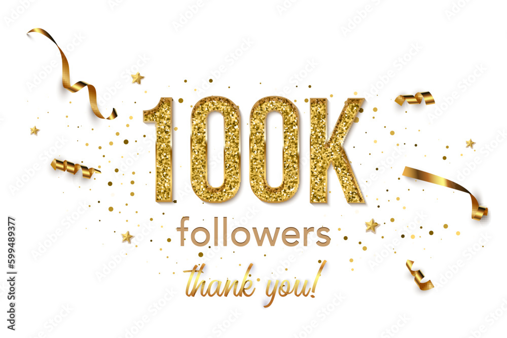 100000 followers celebration horizontal vector banner. Social media ...