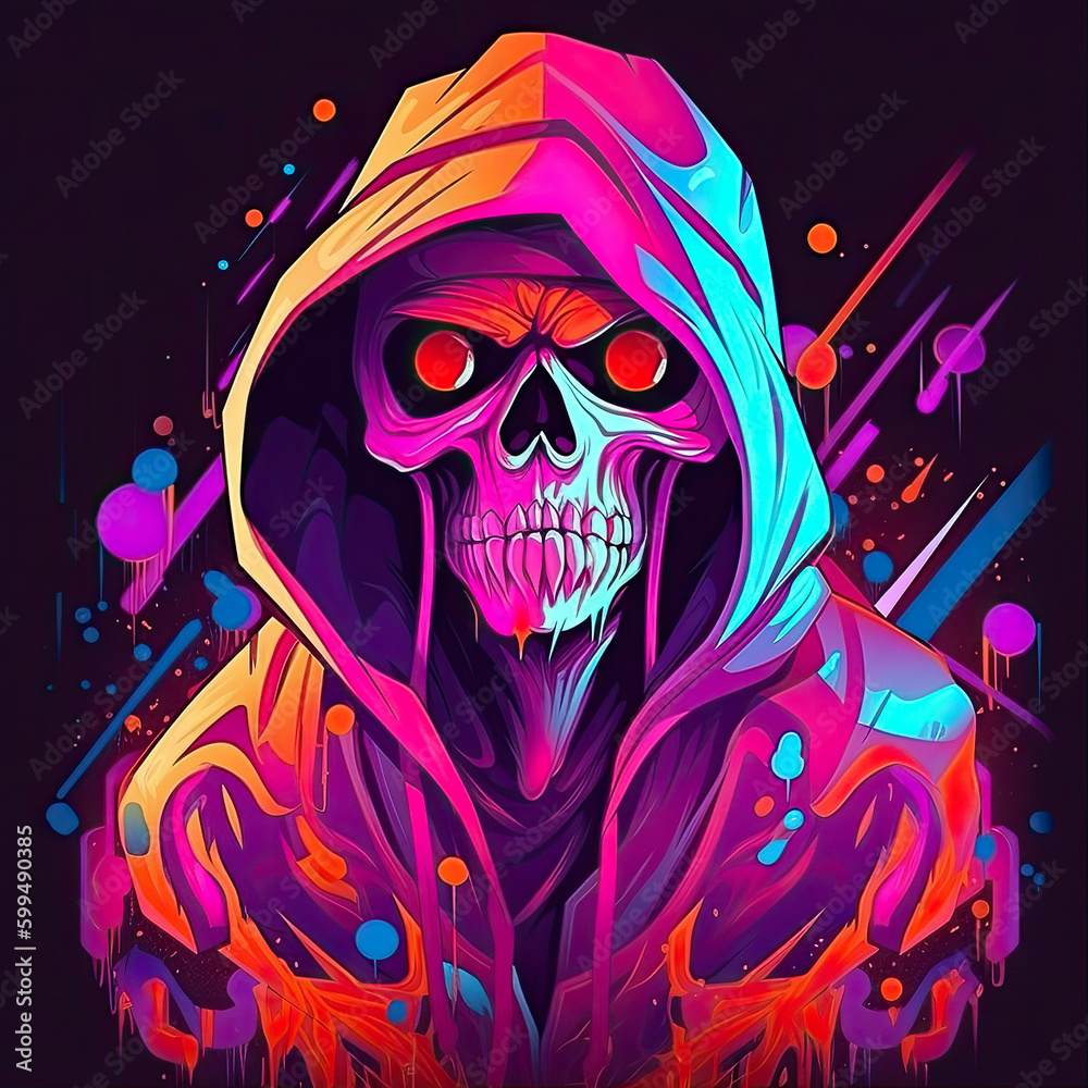Gothic Skull Vibrant Vision Skull and Reaper in Hood streetwear style ...